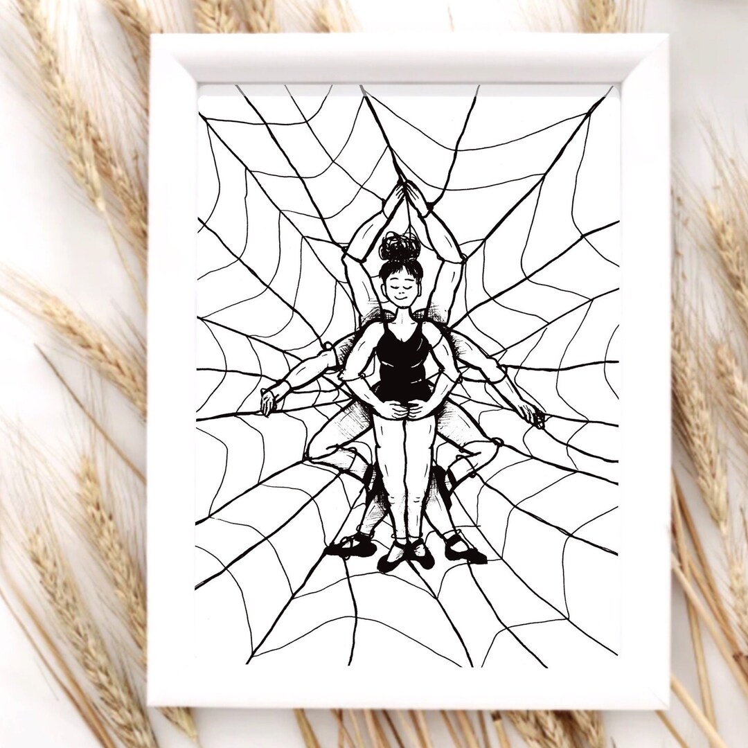 Spider Web Dancers Print Ink Drawing Black White Hand Drawn Postcard ...