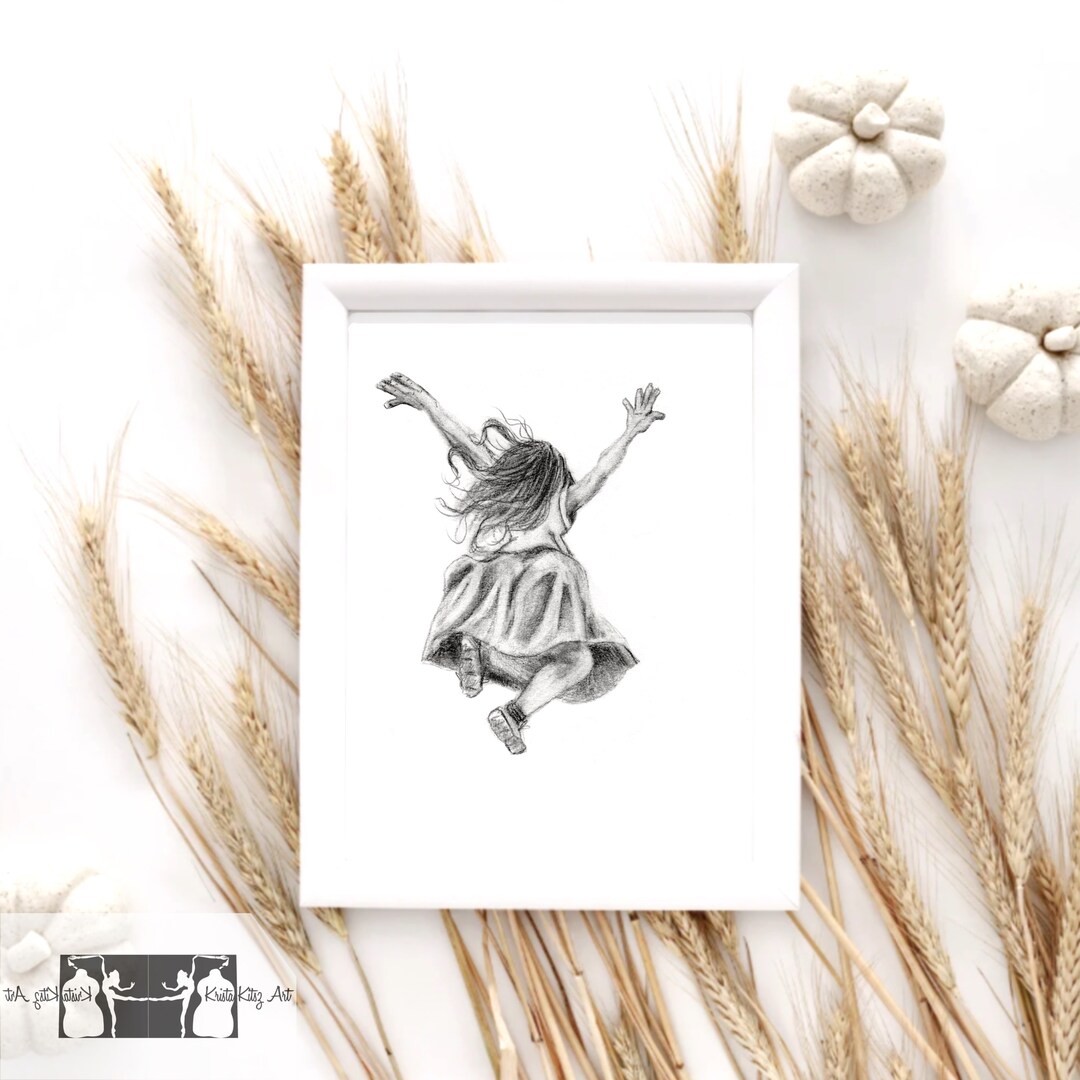 Girl Jumps Pencil Drawing Print Hand Drawn - Etsy