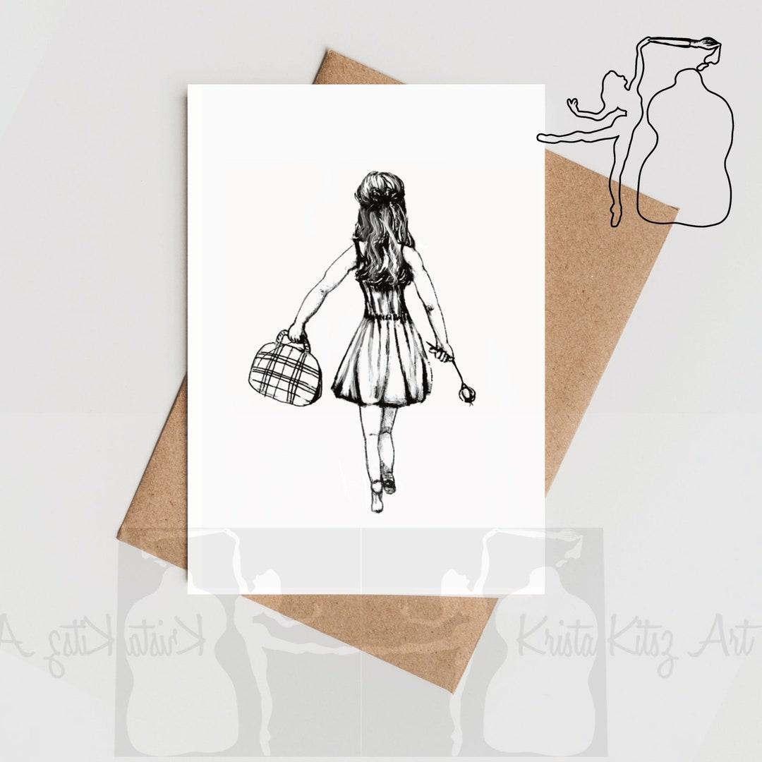 Girl Running Away, Double Card With Envelope, Print of Ink Drawing by ...