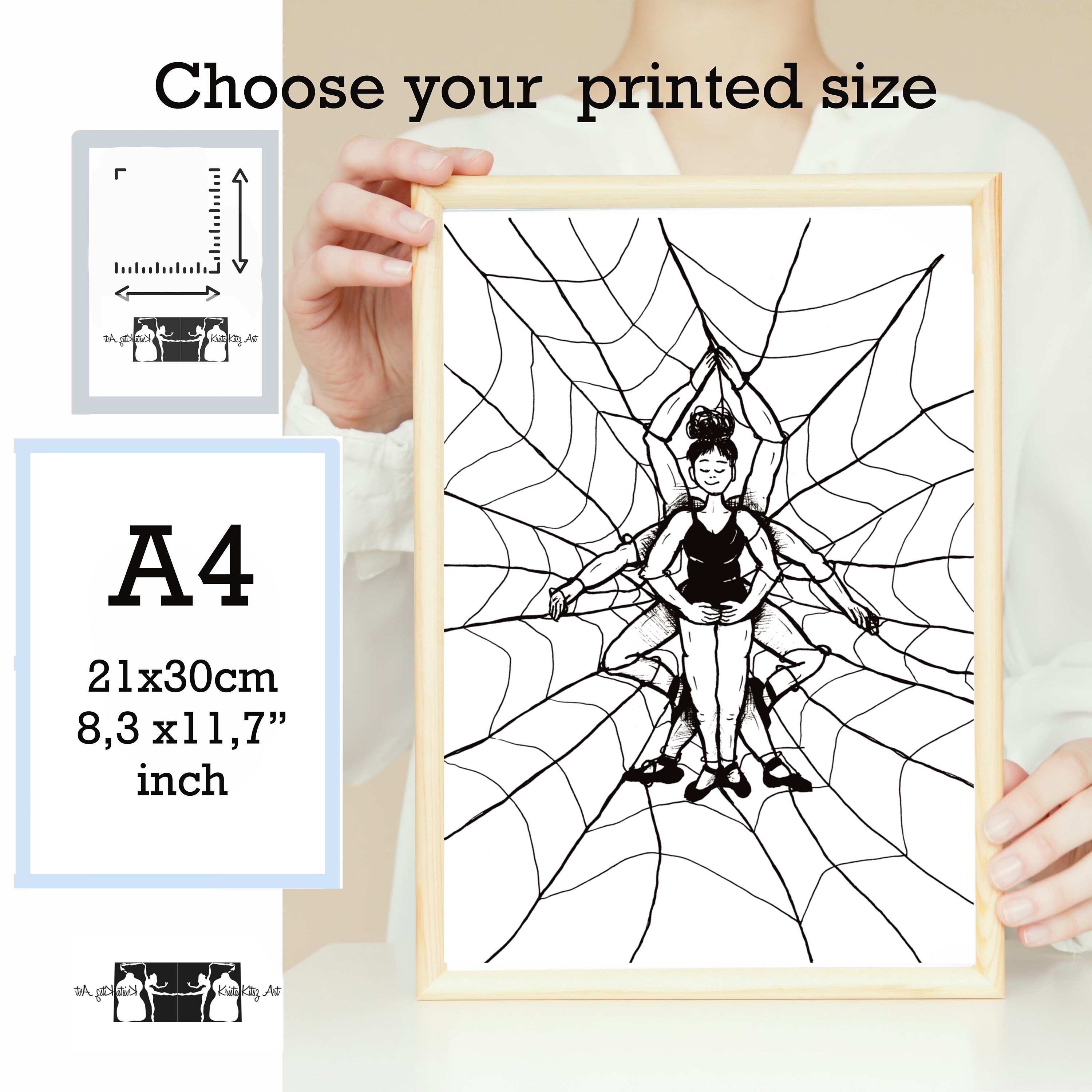 Spider Web Dancers Print Ink Drawing Black White Hand Drawn Postcard ...