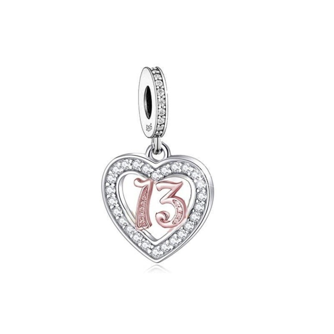 13 13th Thirteen Charm Birthday Rose Gold Love Heart Charm Sterling ...