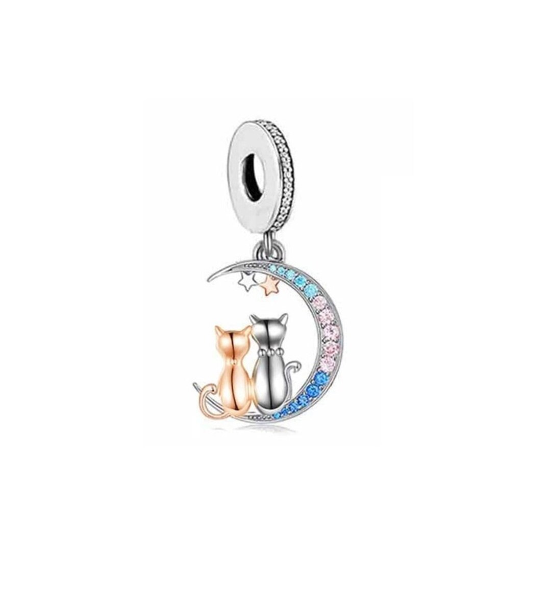 Silver and Rose Gold Cats on the Moon Stars Charm Pandora Bracelet ...