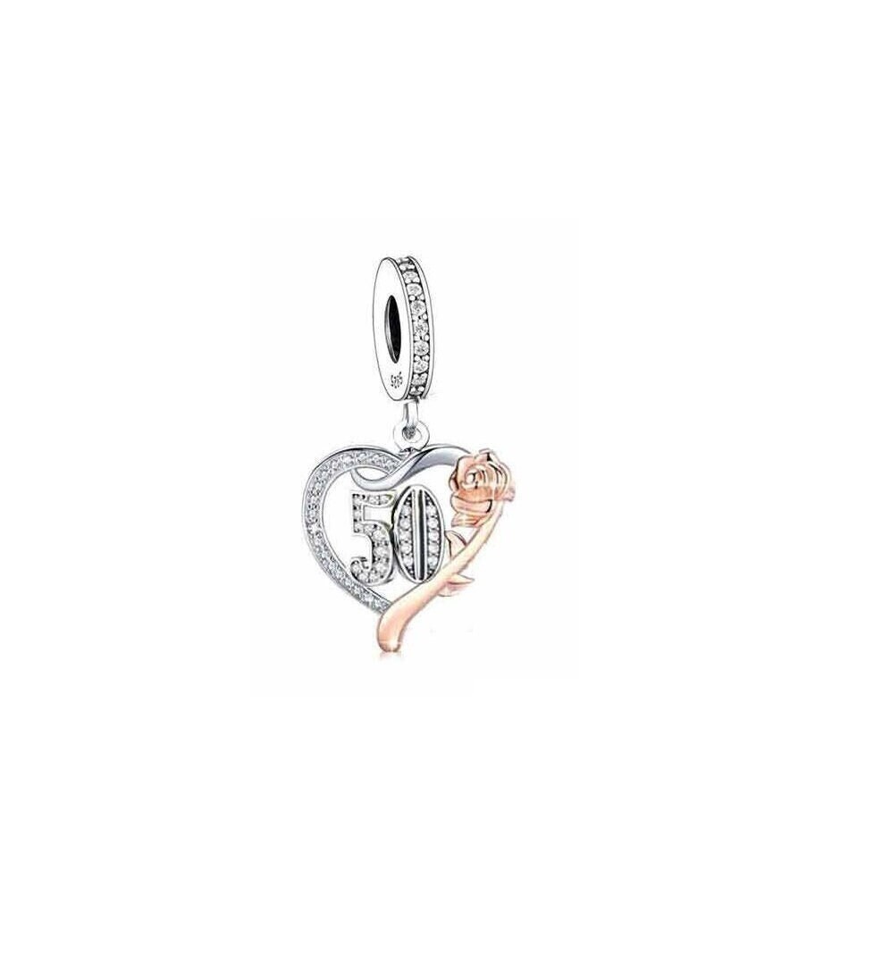 50 Fifty 50th Birthday Rose Gold Rose Heart Charm Pandora Bracelet Fit ...