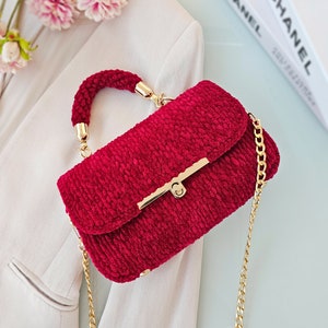 Red Velvet Handbag for Women, Handmade Crochet Bag, Woven Hippie Red ...
