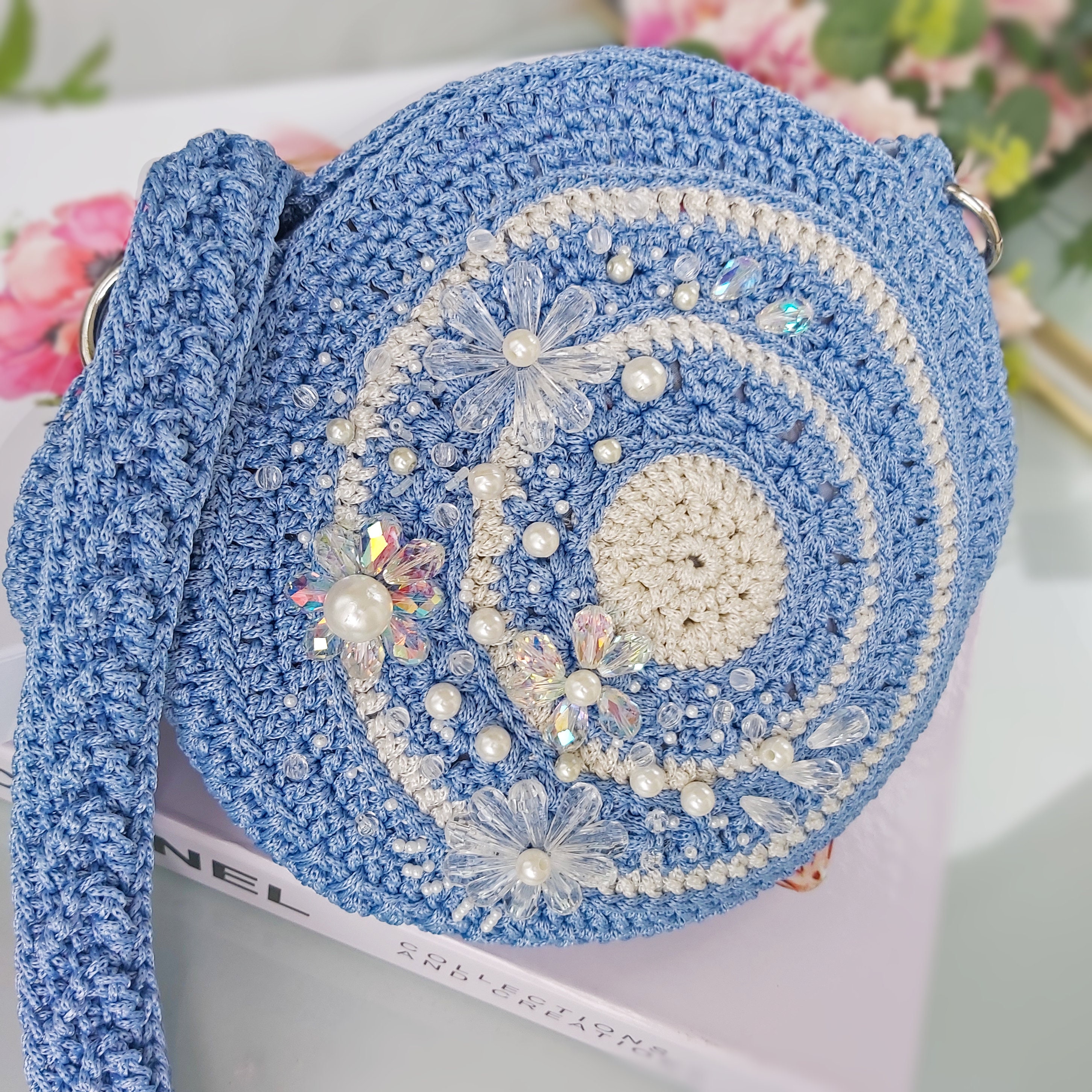 Blue and White Beaded Bag for Women, Small Round Shoulder Bag ...