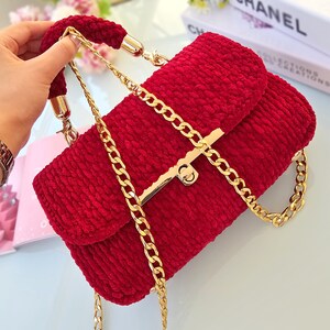 Red Velvet Handbag for Women, Handmade Crochet Bag, Woven Hippie Red ...