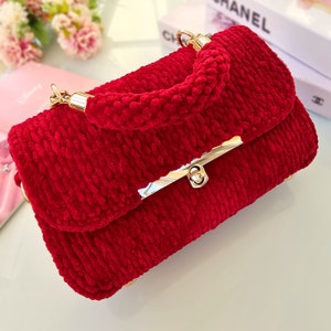 Red Velvet Handbag for Women, Handmade Crochet Bag, Woven Hippie Red ...