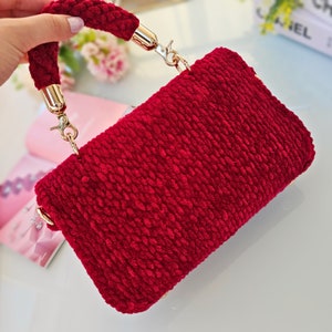 Red Velvet Handbag for Women, Handmade Crochet Bag, Woven Hippie Red ...