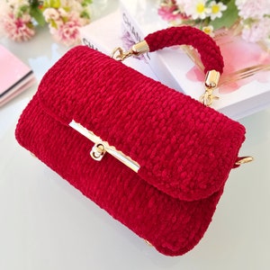 Red Velvet Handbag for Women, Handmade Crochet Bag, Woven Hippie Red ...