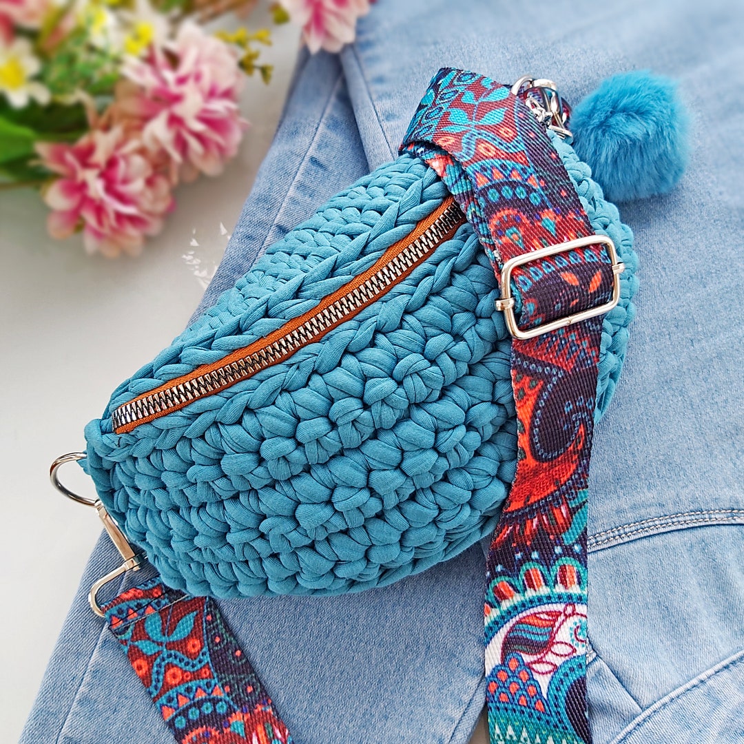 Blue Crossbody Bag for Women, Crochet Belt Purse, Hands Free Bag, Sling ...