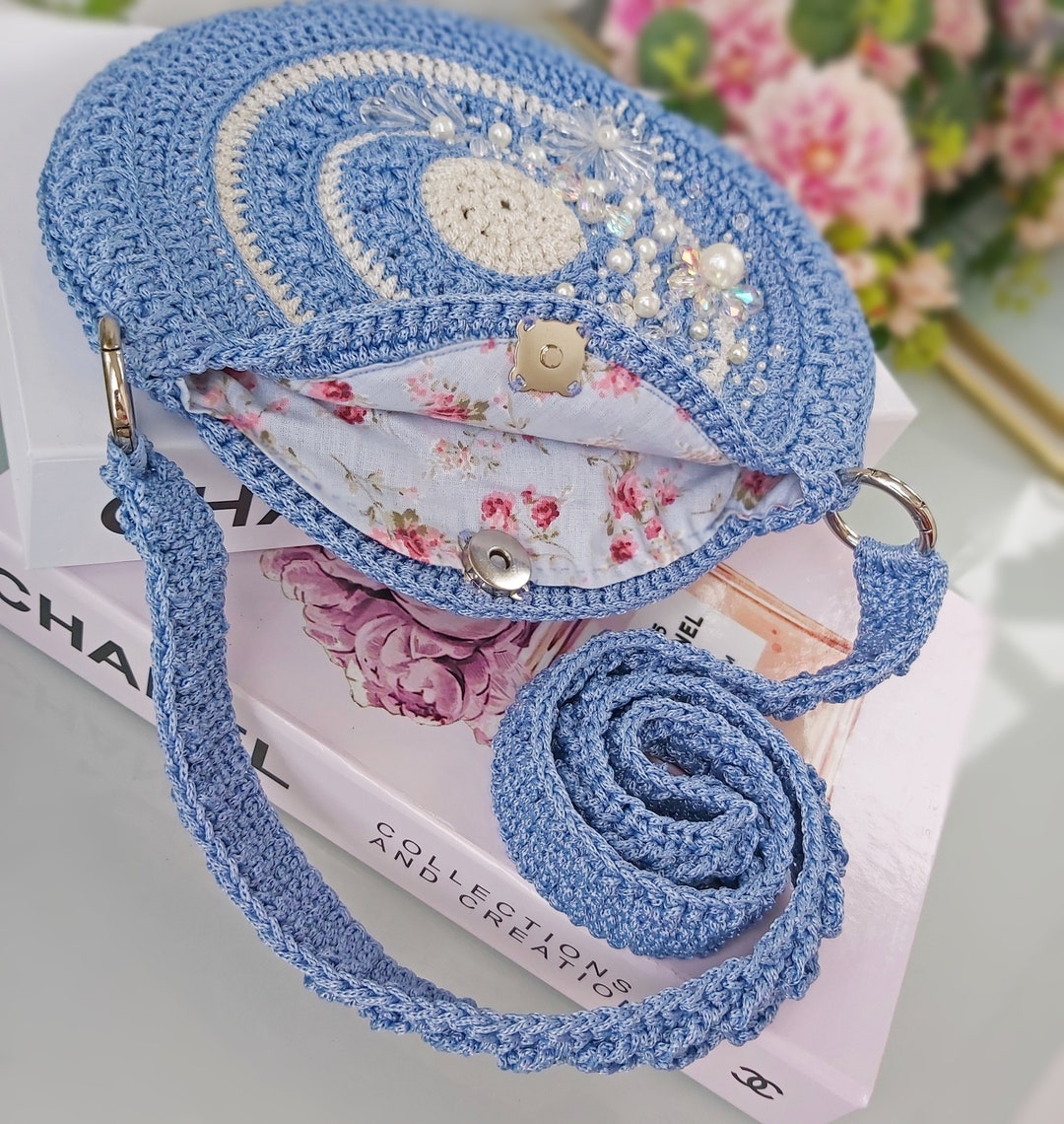 Blue and White Beaded Bag for Women, Small Round Shoulder Bag ...