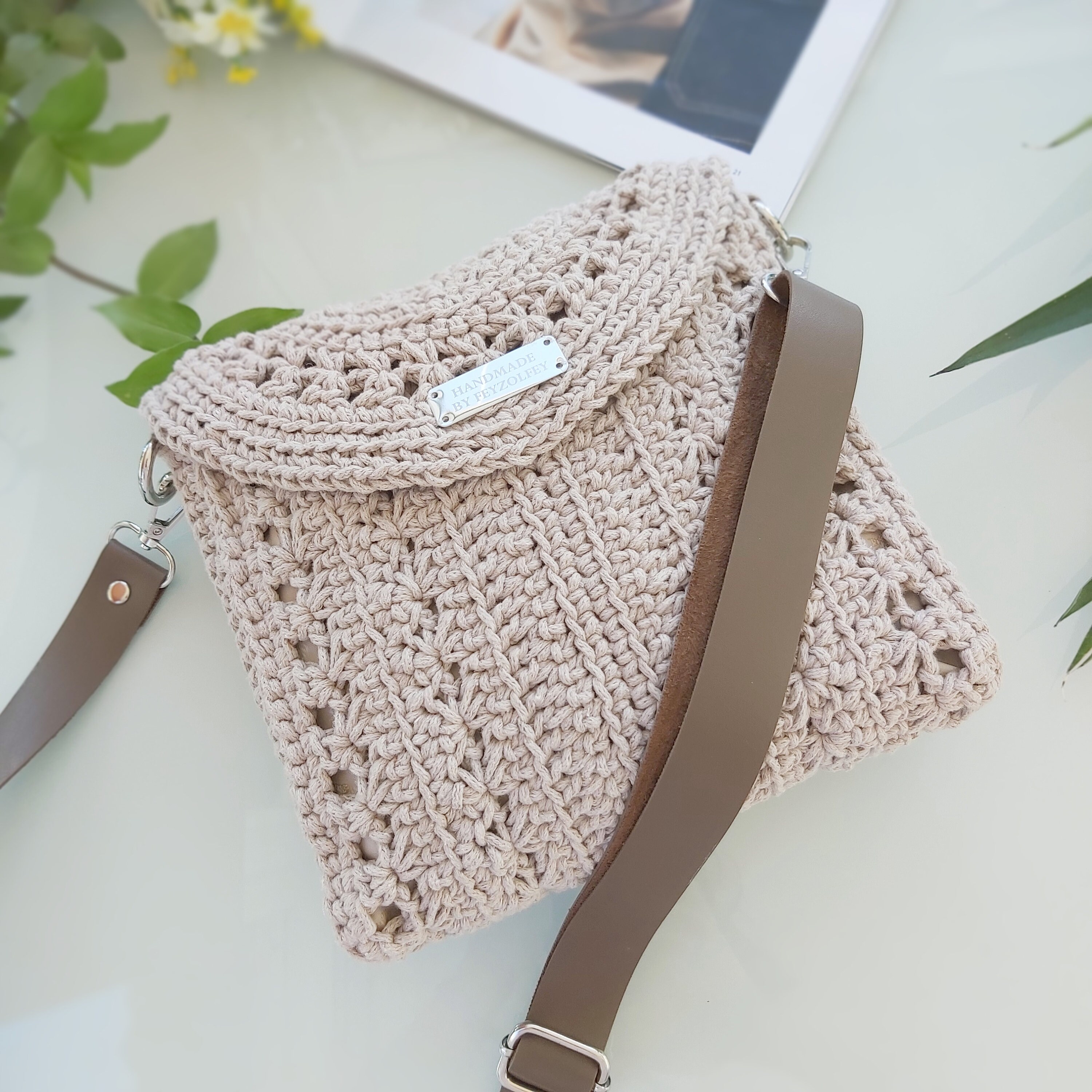Coffee Color Crochet Bag for Women, Shoulder Envelope Purse, Knitted ...