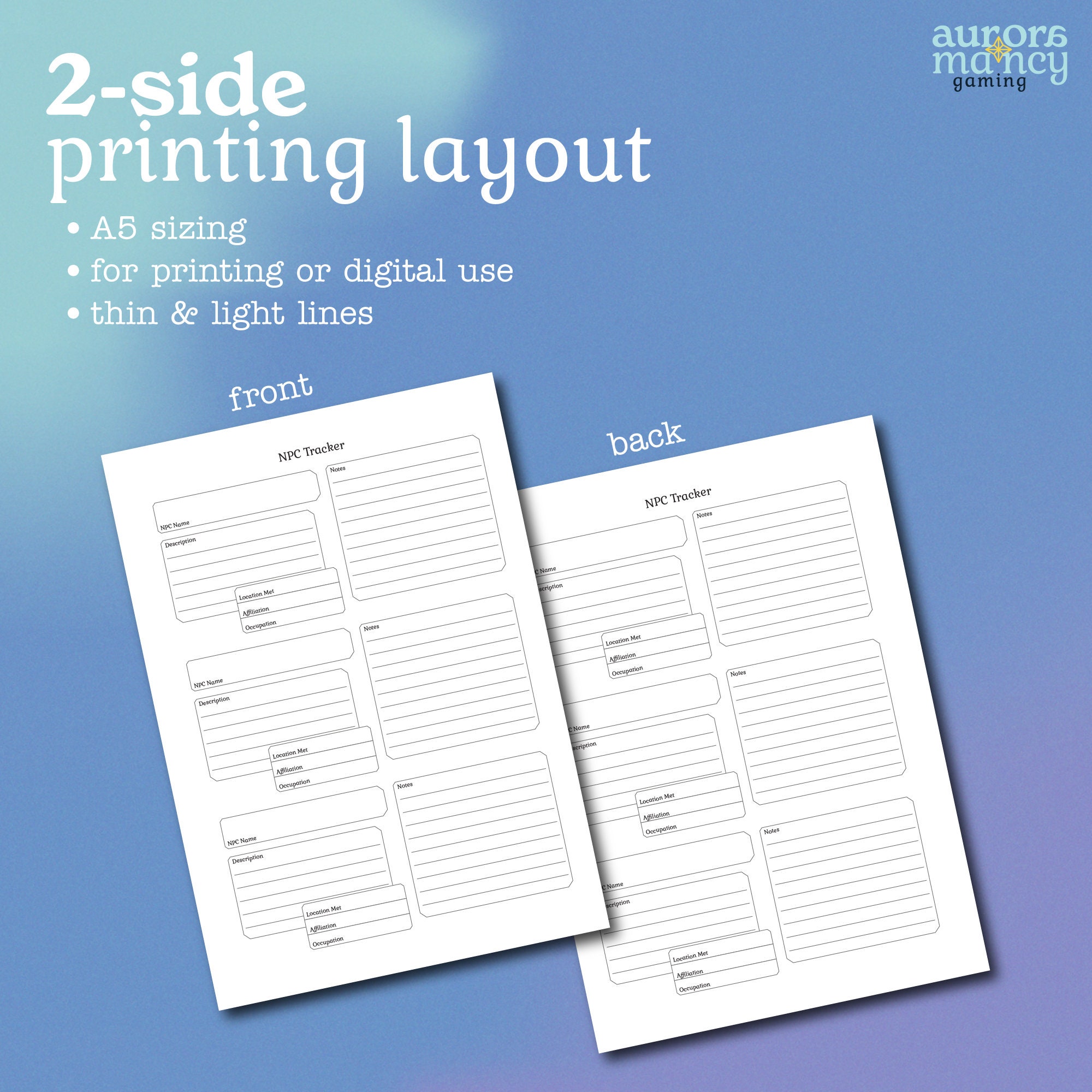 Printable TTRPG NPC Tracker | A5 | Download PDF - Etsy