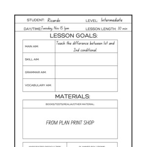 Lesson Plan Template for ESL/TEFL Teachers Lesson Plan Printable ...