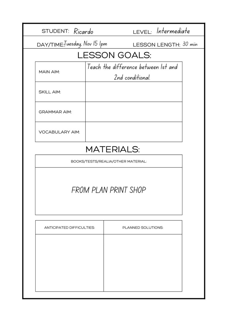 Lesson Plan Template for ESL/TEFL Teachers Lesson Plan Printable ...
