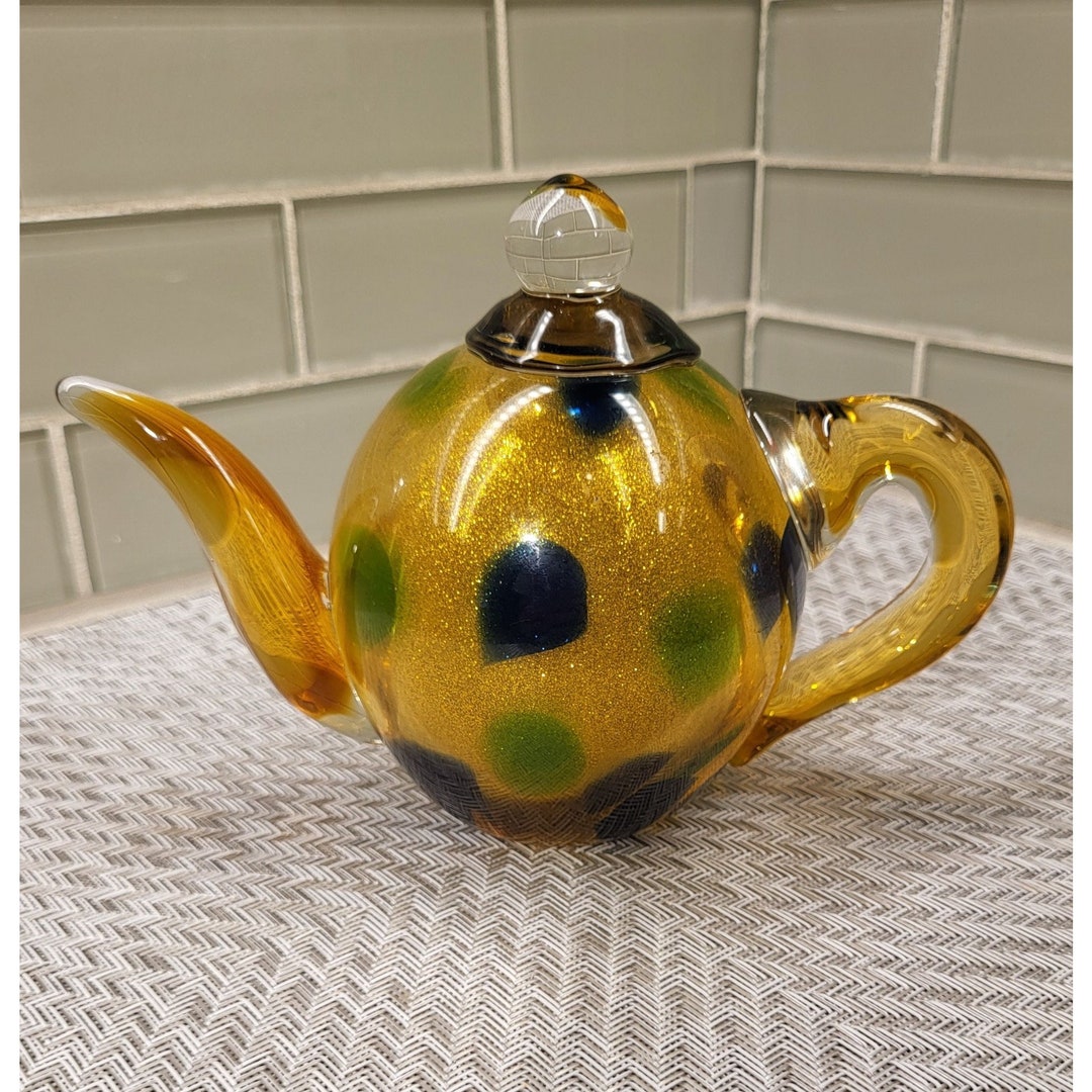 Gold Art Glass Collectible Teapot Teakettle Gold Glitter Decor ...