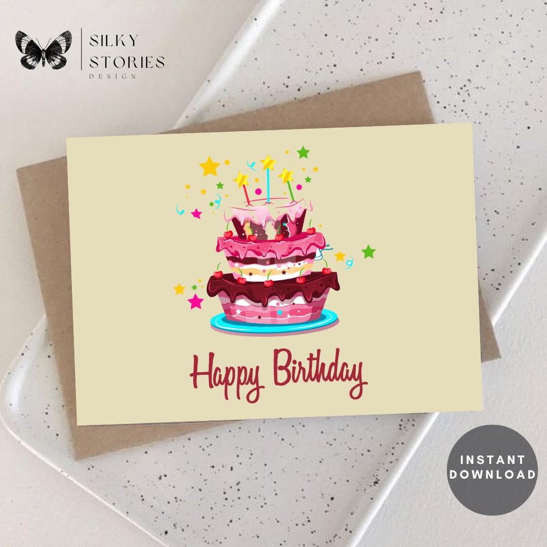 Printable Happy Birthday Card With a Birthday Cake Simple - Etsy