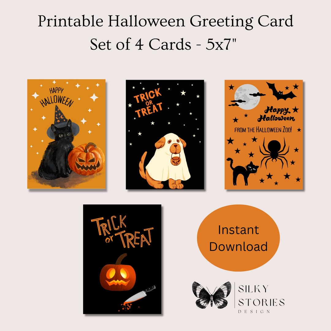 Printable Halloween Card Set of 4 Halloween Card Pack Trick - Etsy
