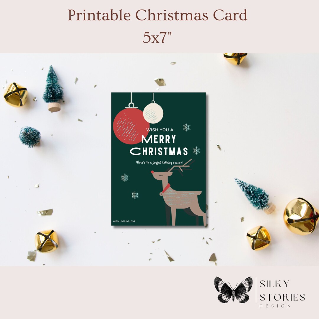 Printable Christmas Card Green Reindeer 148x105mm Instant - Etsy