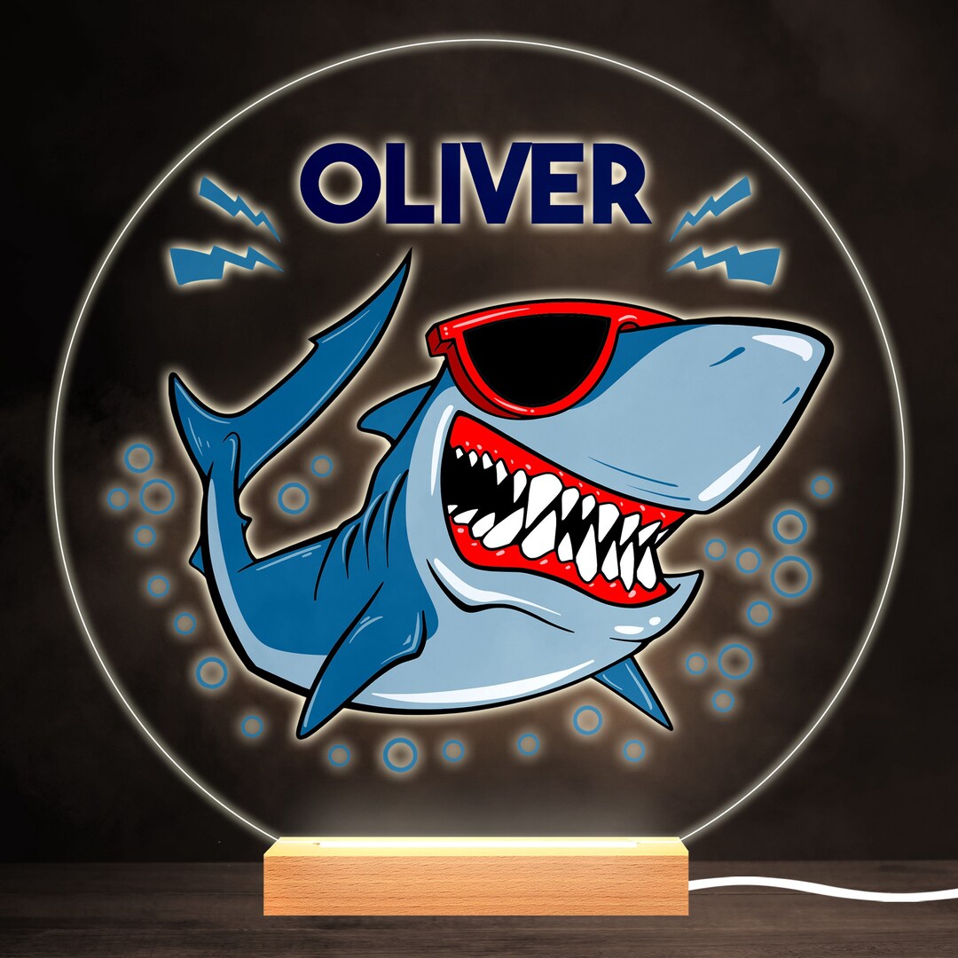 Shark Grin Sea Blue Colourful Round Personalised Gift LED Lamp Night ...