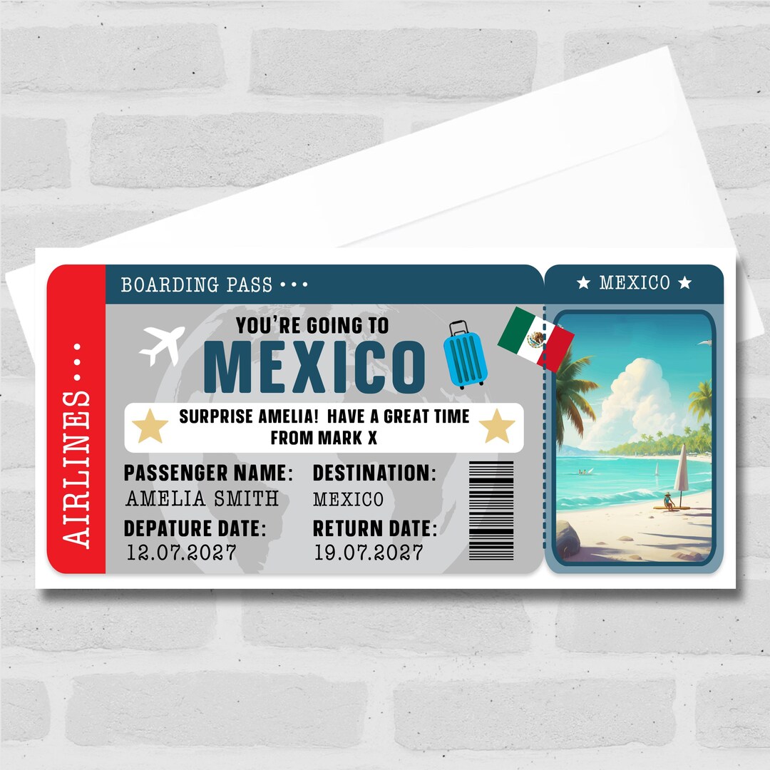 Mexico Beach Boarding Pass Personalised Gift Voucher Surprise Break ...
