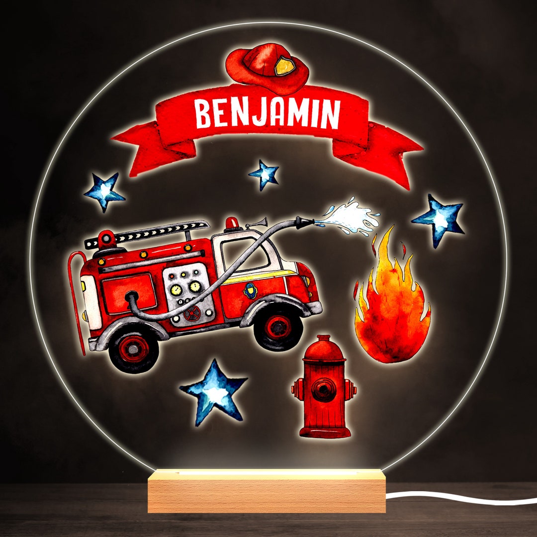 Fire Truck Firefighter Fireman Bright Round Personalised Gift Lamp ...