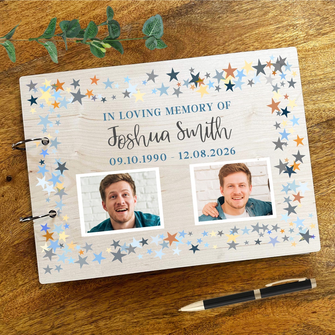 Wood Blue Star Photo Sympathy in Loving Memory Funeral Condolence Guest ...