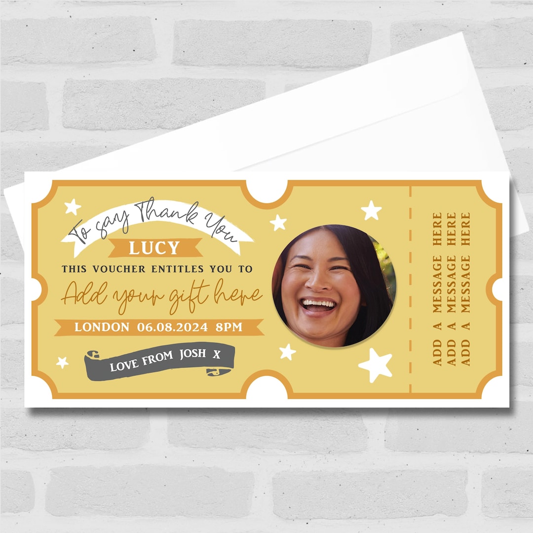Say Thank You Gift Yellow Star Photo Personalised Surprise Ticket Gift ...