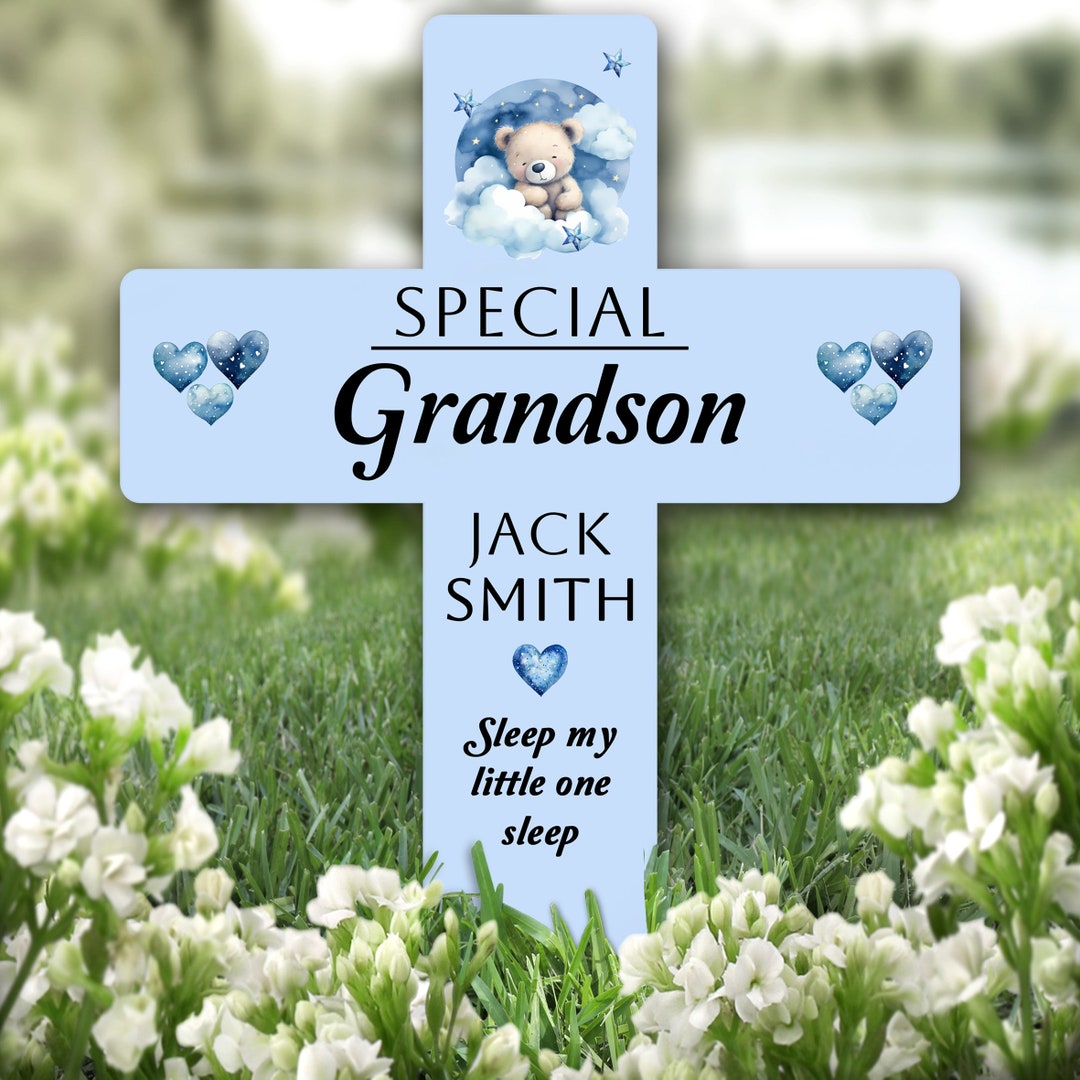 Cross Blue Grandson Teddy Bear Remembrance Garden Plaque Grave Memorial ...