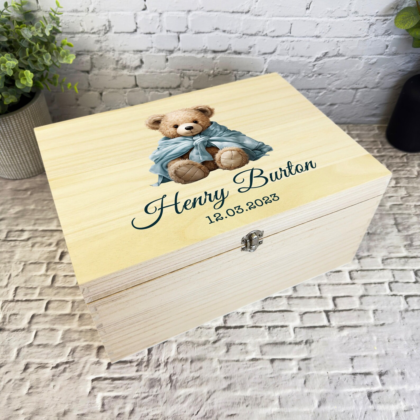 Teddy Bear Wrapped in Blue Blanket New Baby Personalised Wooden ...