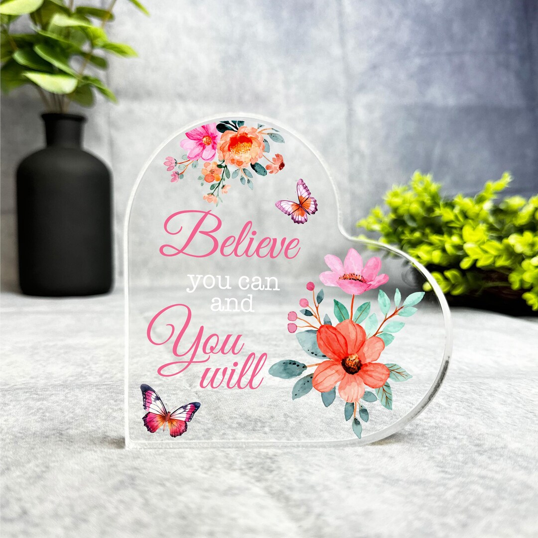 Pink Floral Believe You Can Inspirational Positive Gift Heart Keepsake ...