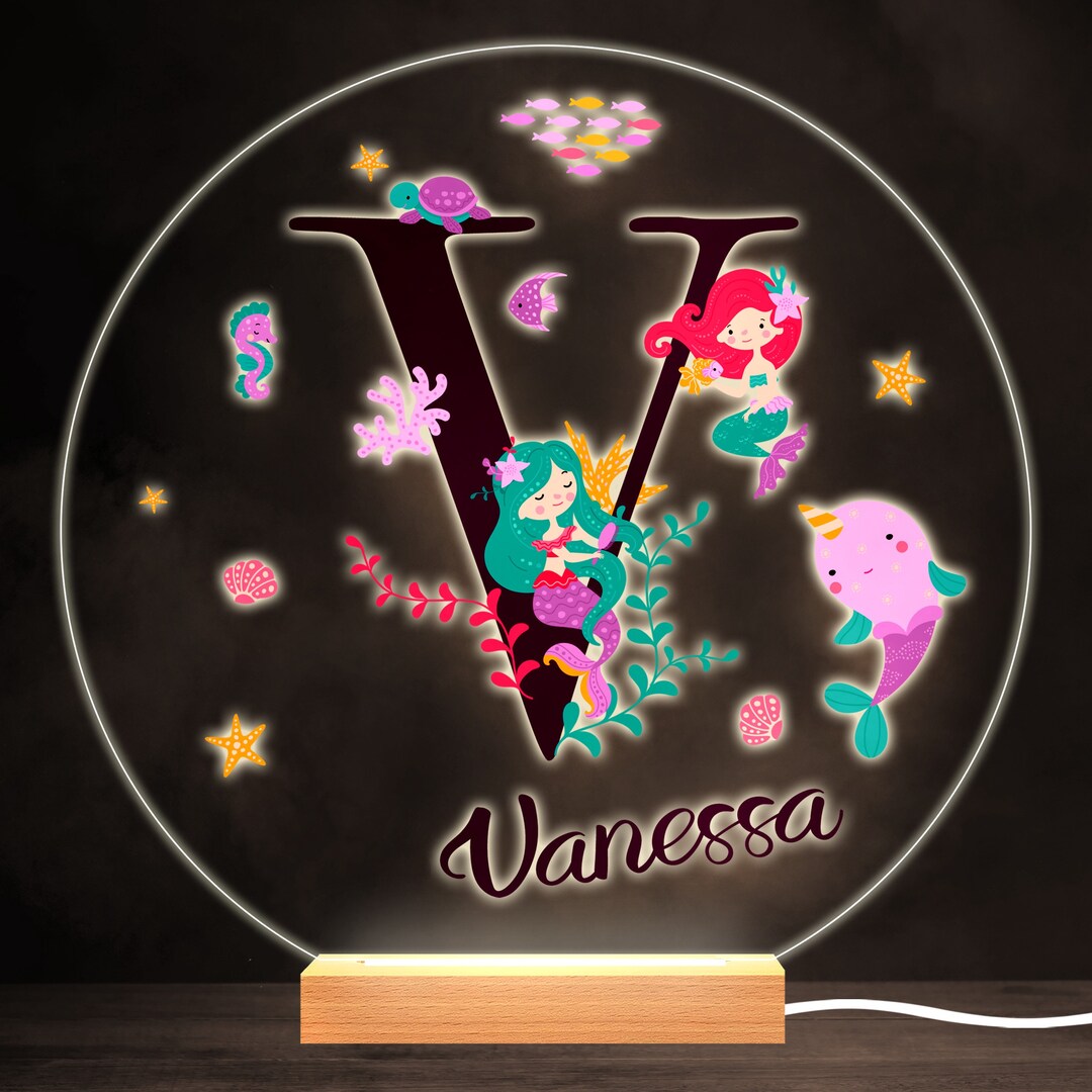 Sealife With Mermaids Alphabet Letter V Round Personalised Gift Lamp ...