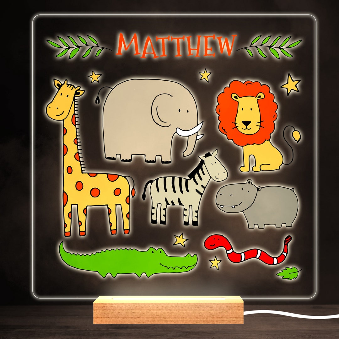 Jungle Safari Animals Colourful Square Personalised Gift LED Lamp Night ...
