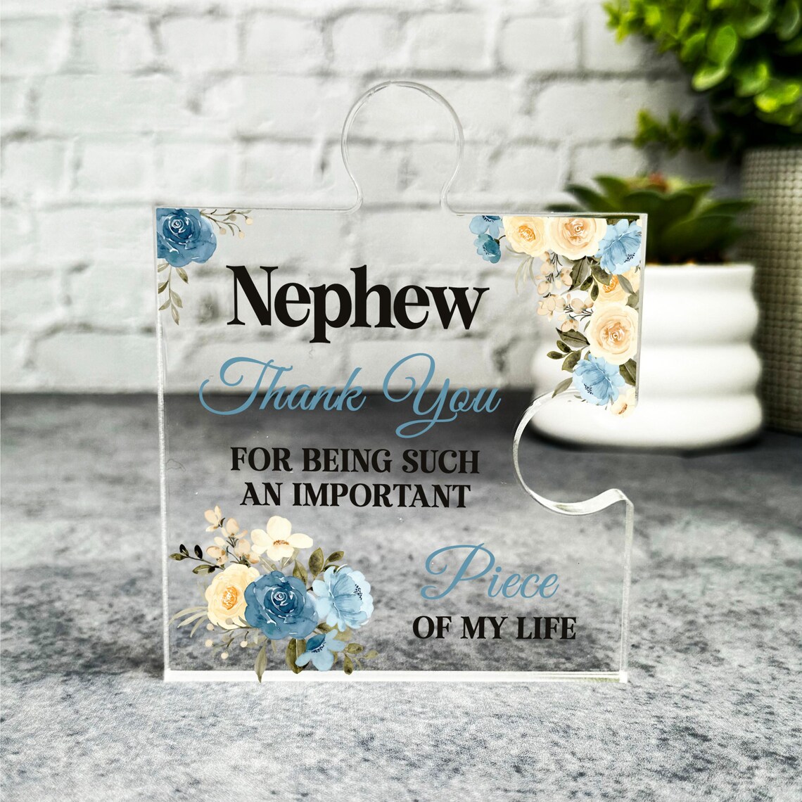 Gift for Nephew Thank You Blue Floral Puzzle Piece Keepsake Plaque ...