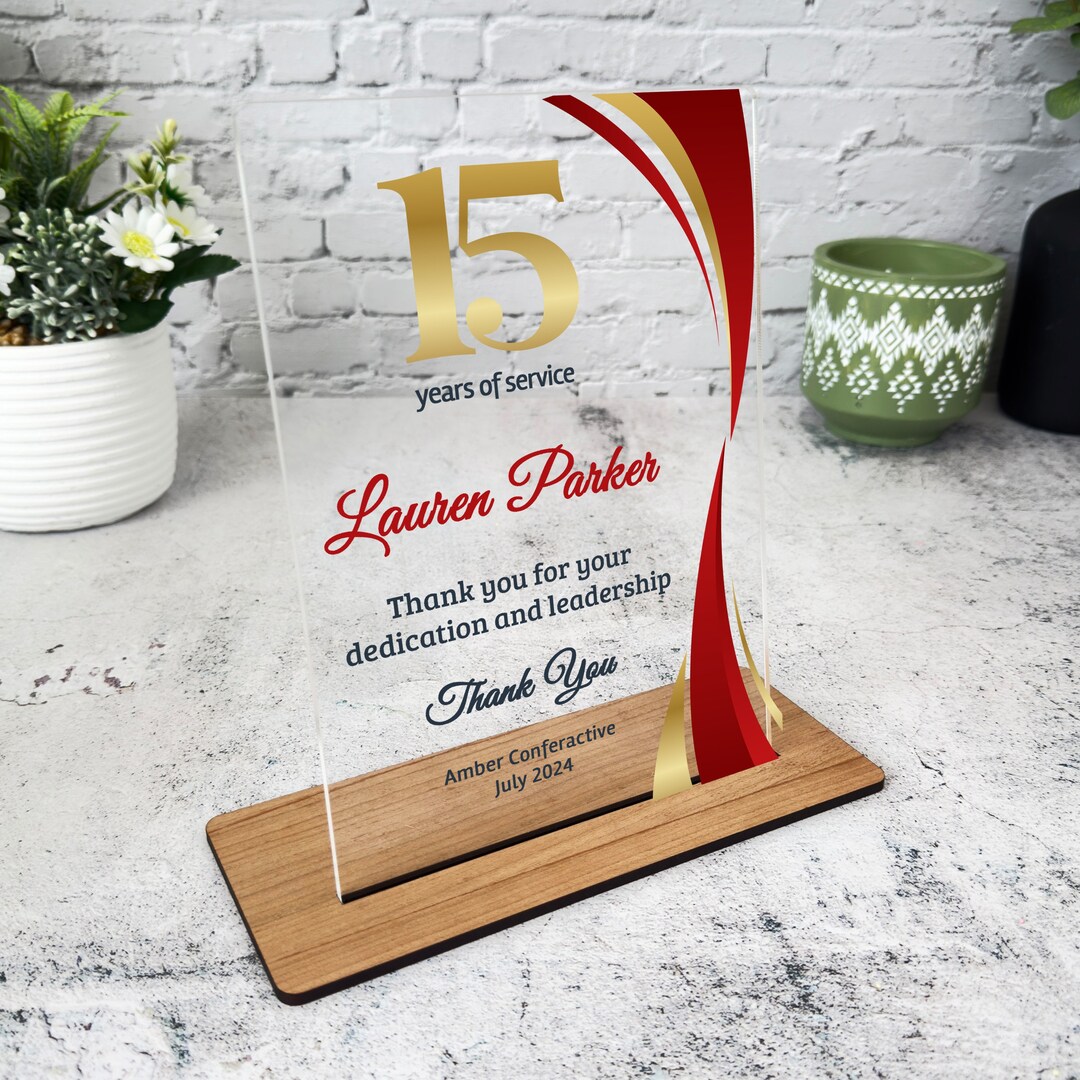 15 Years Service 15th Anniversary Gold Red Gift Employee Personalised ...