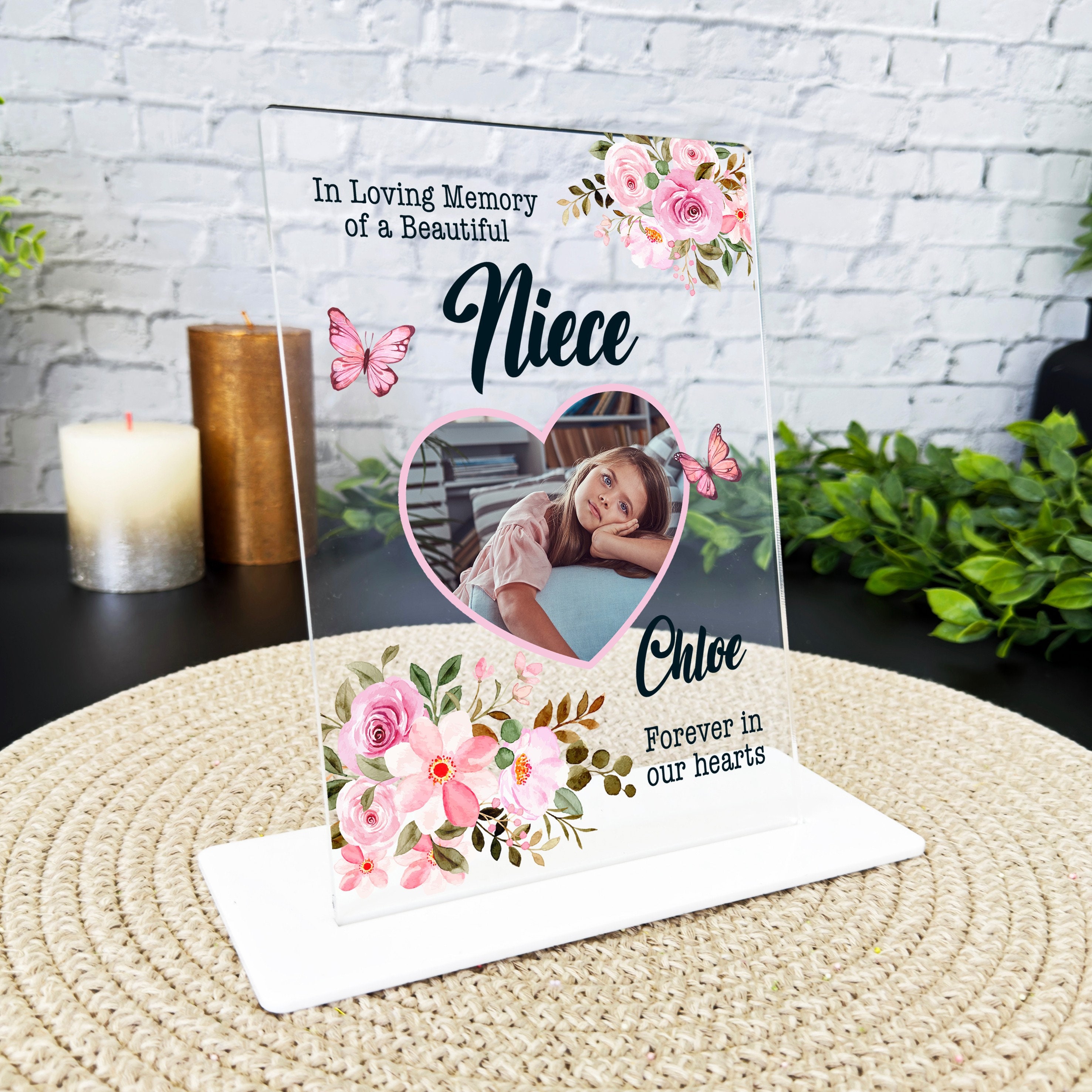 Niece Pink Floral Heart Photo Memorial Keepsake Gift Personalised Gift ...