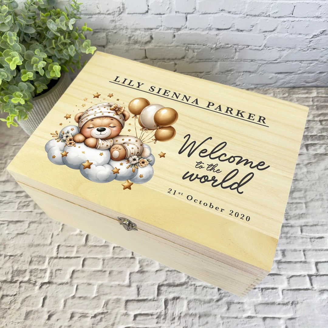 Sleeping Teddy Bear Keepsake Box New Baby Personalised Wooden Keepsake ...