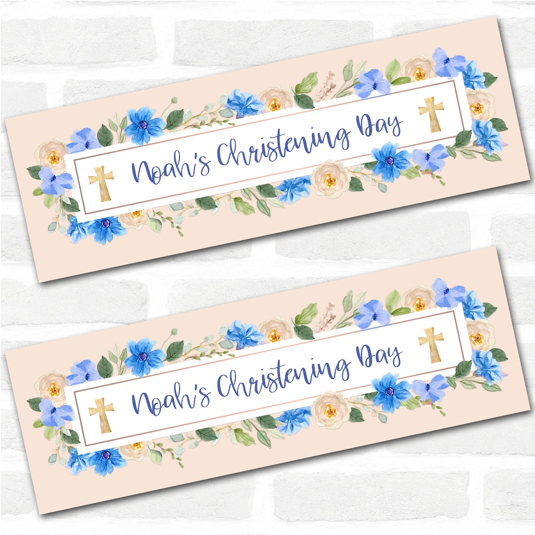Personalised Party Banner for Christening Boy Blue Flowers Frame Cross ...