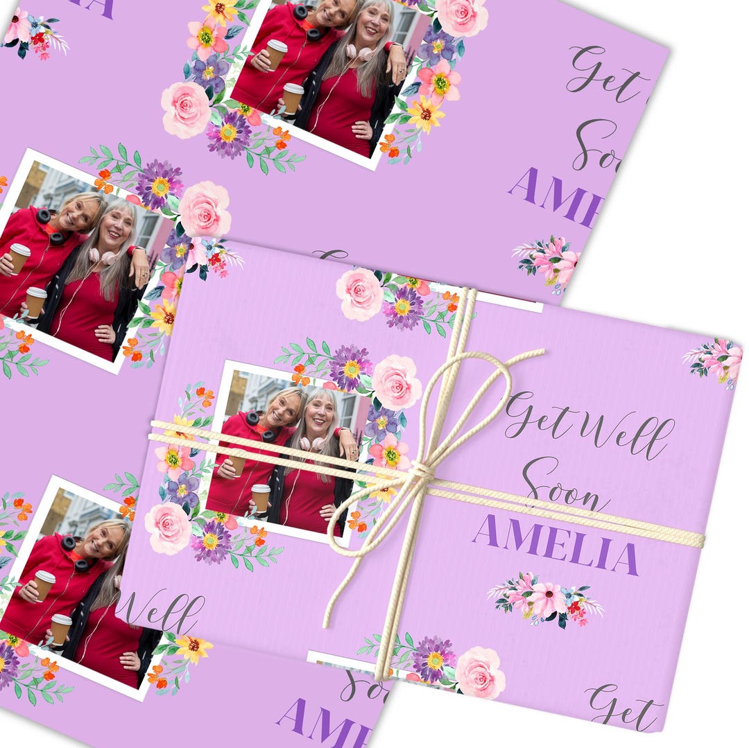 Personalised Wrapping Paper Get Well Soon Female Photo Flower Purple ...