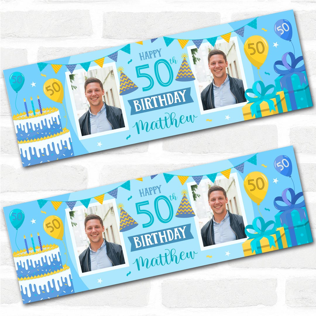Personalised Party Banner for 50th Birthday With Photo Male Blue Cake ...