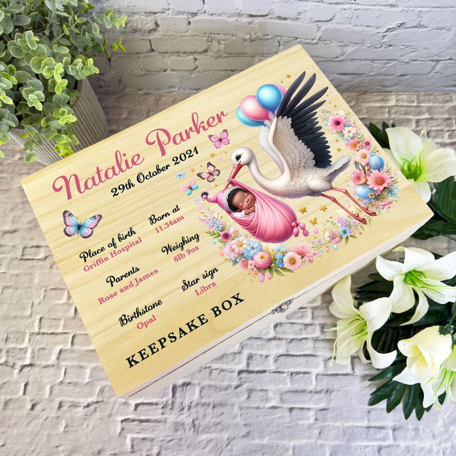 Floral Stork Pink Blue Dark Skin New Baby Personalised Wooden Keepsake ...