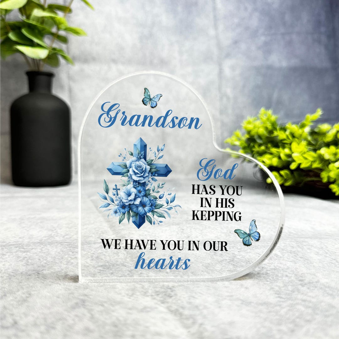 Grandson Blue Floral Cross Memorial Heart Gift Side Heart Keepsake ...