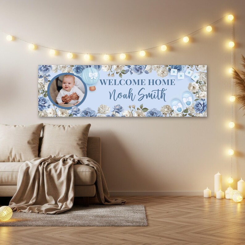 Personalised Party Banner for Christening Boy Photo Blue Flowers Cross ...