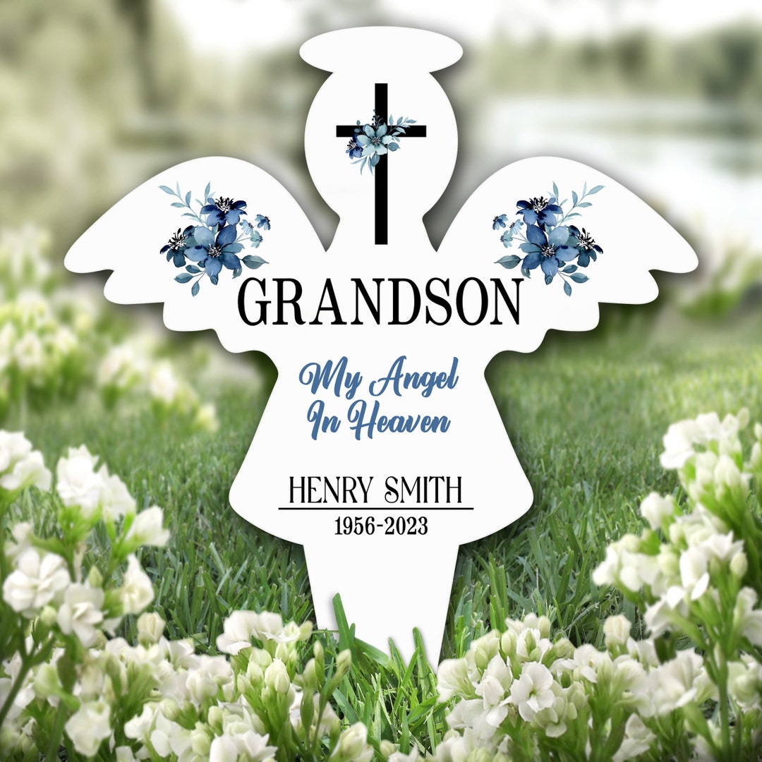 Angel Grandson Blue Floral Remembrance Garden Plaque Grave Marker ...