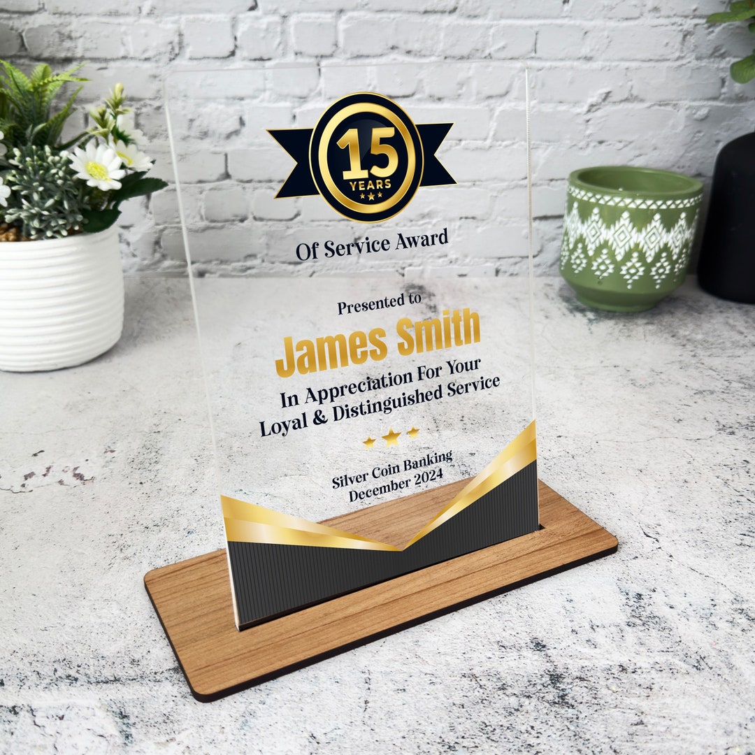 15 Years Service 15th Anniversary Gold Black Gift Employee Personalised ...