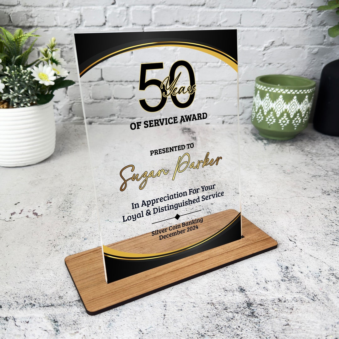 50 Years Service 50th Anniversary Black Gold Gift Employee Personalised Plaque - Acrylic Plaque ...