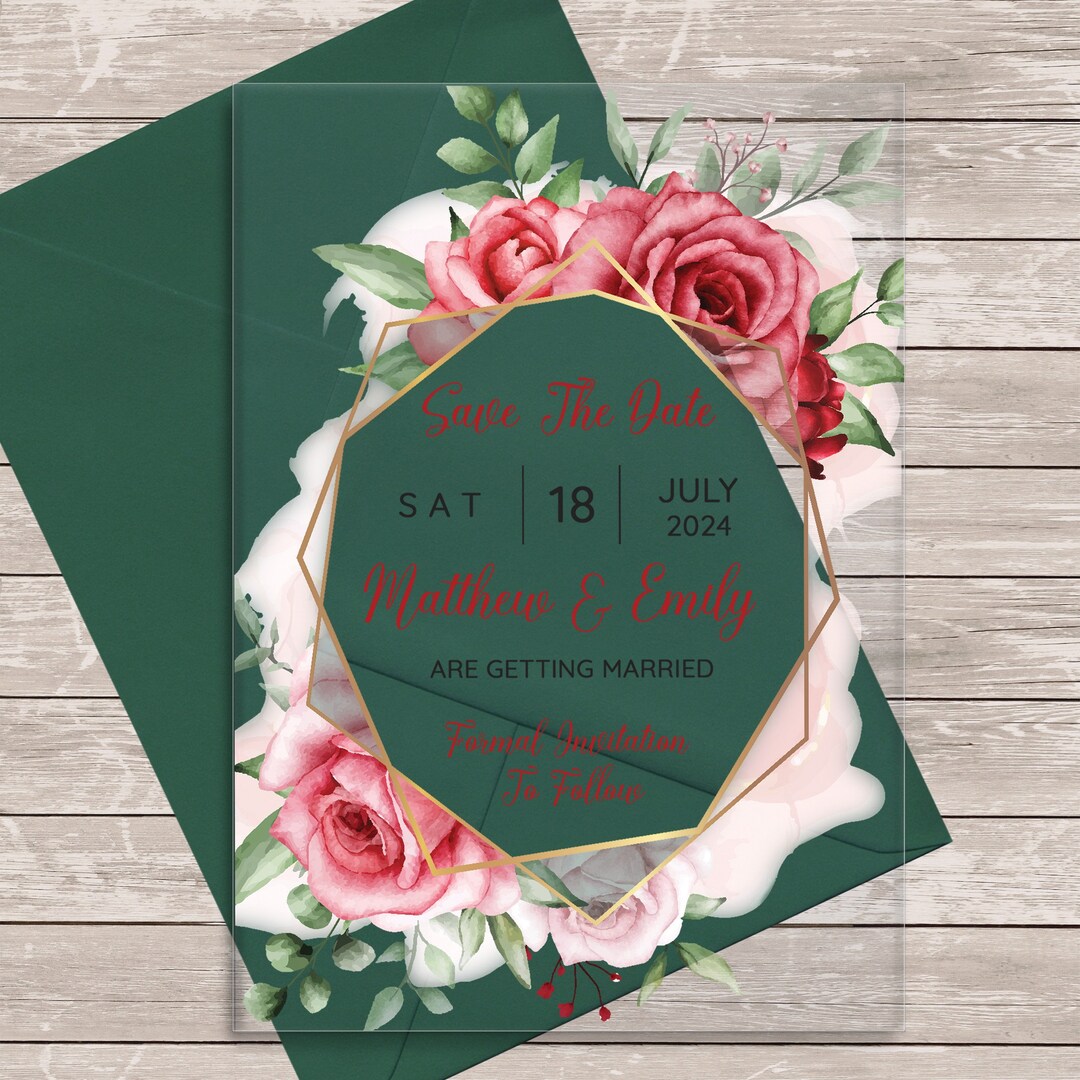 Red Rose Classic Geo Acrylic Transparent Wedding Save the Date Invite ...