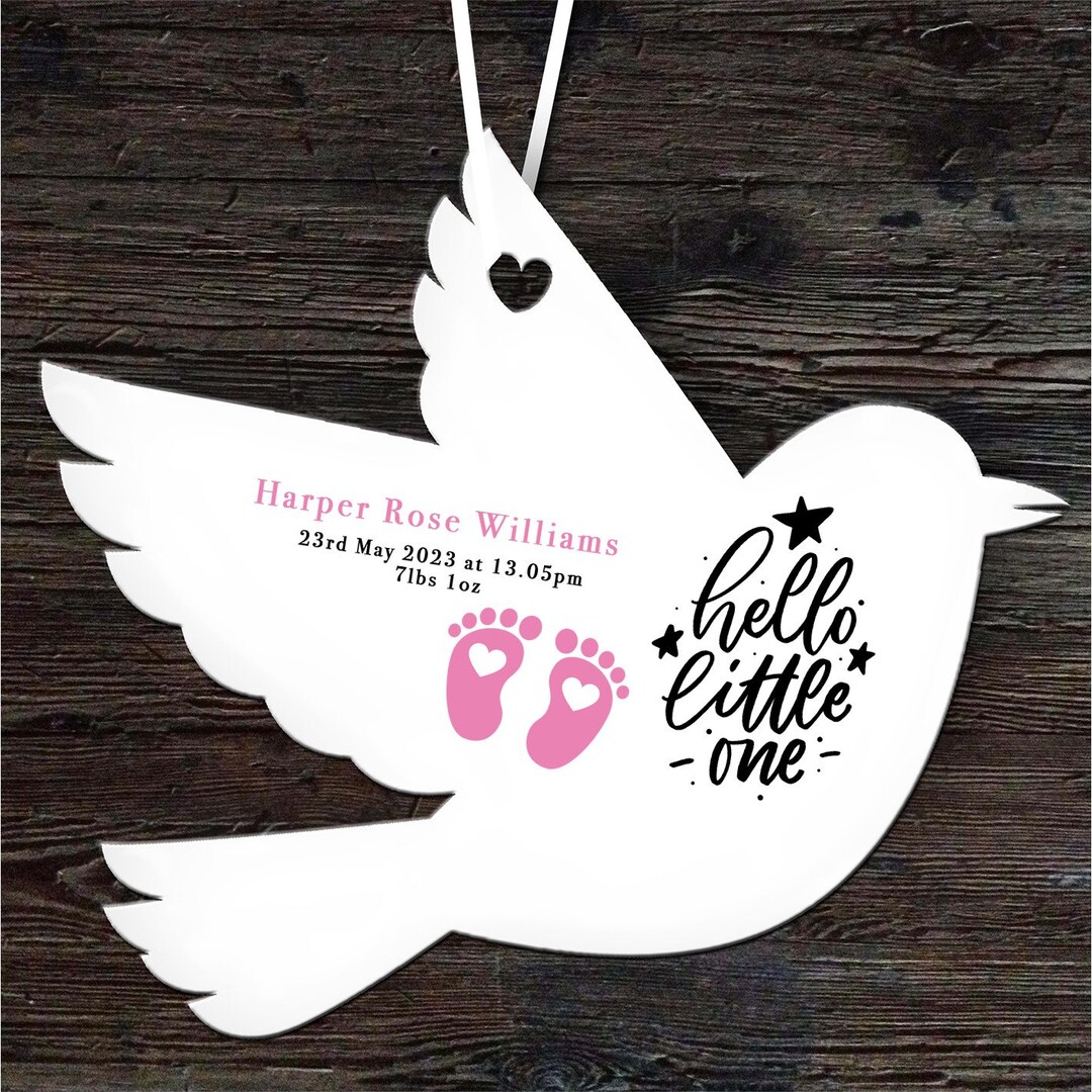 Hello New Baby Girl Pink Footprints Bird Personalised Gift Hanging ...