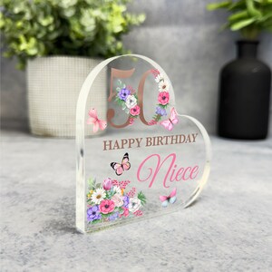 Niece 50th Pink Purple Floral Happy Birthday Present Heart Plaque ...