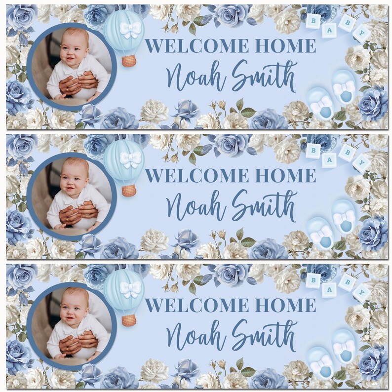 Personalised Party Banner for Christening Boy Photo Blue Flowers Cross ...